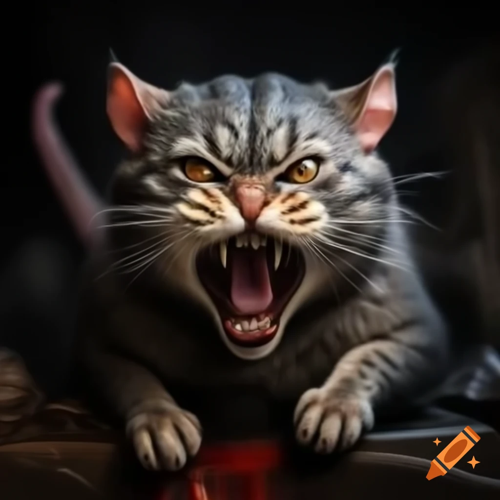 A mixed of a mouse-cat raging, roaring, bloody, horror, extremely ...