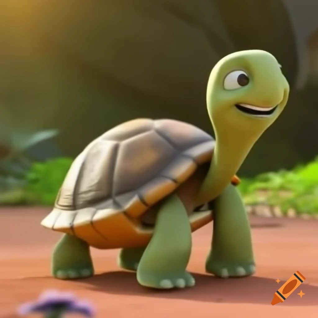 Smiling turtle waving while walking in Pixar style on Craiyon