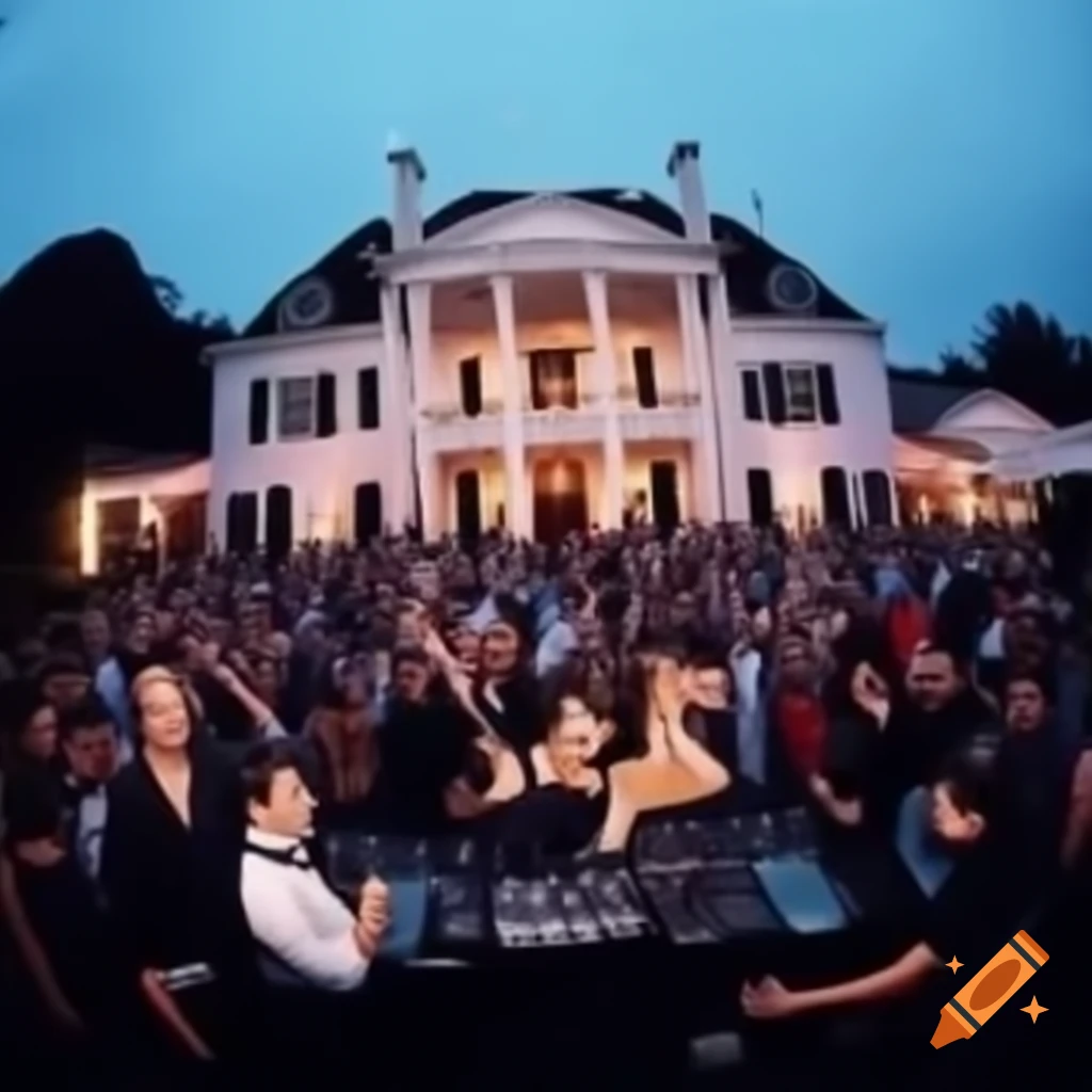 Mansion hosting outdoor party with large crowd and dj on Craiyon