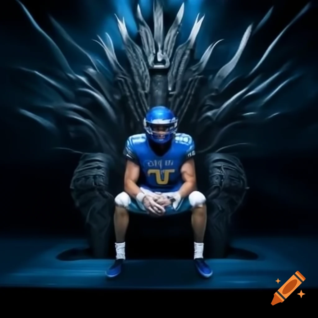 Football player in honolulu blue uniform sitting on iron throne on Craiyon