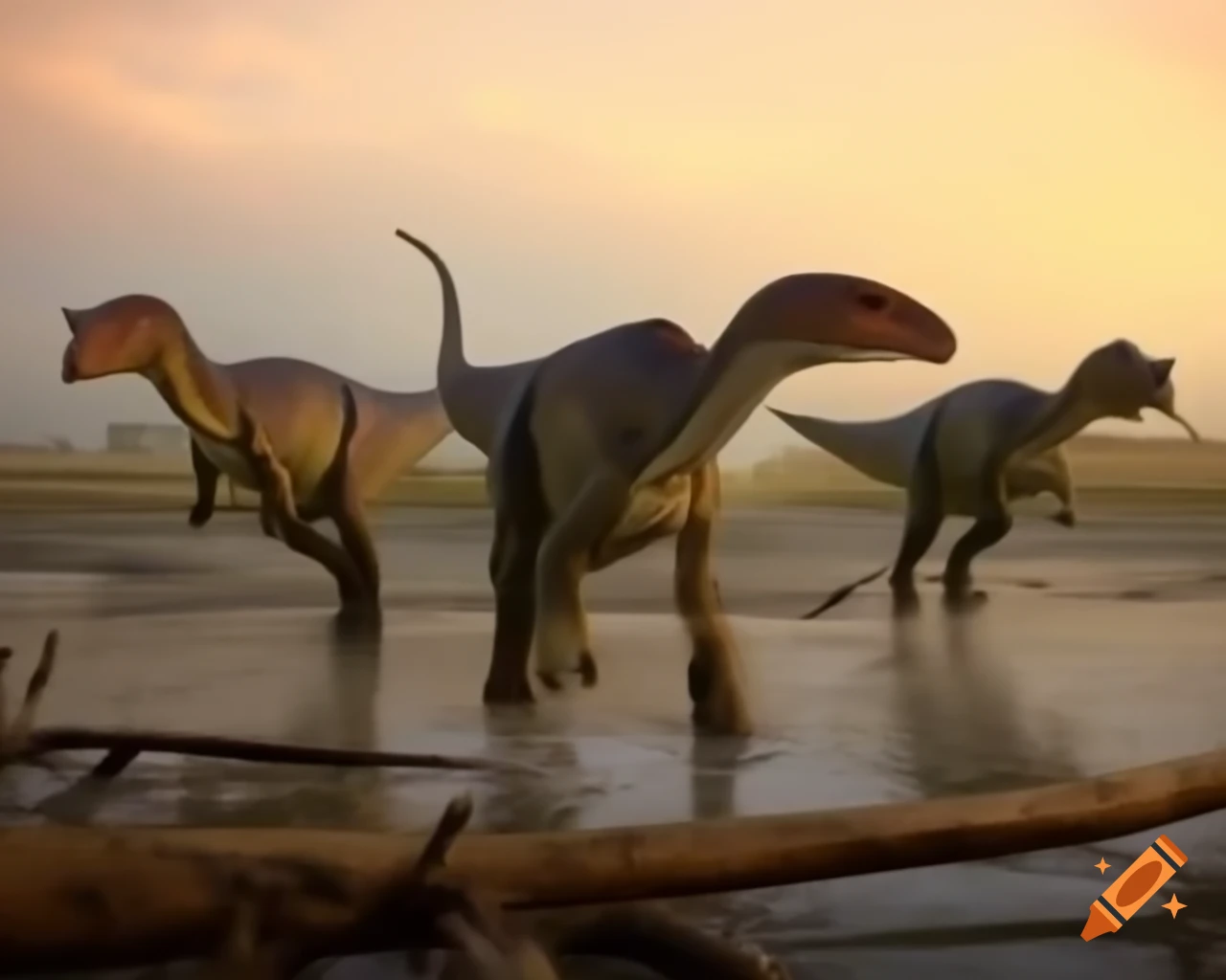 Three cinnamon-striped Hadrosaurus dinosaurs in a muddy landscape with driftwood in morning ...