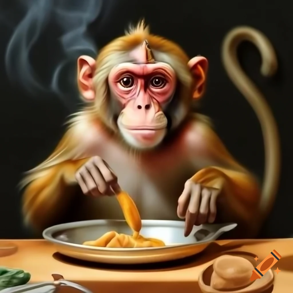 Brown monkey cooking a dish of food on Craiyon
