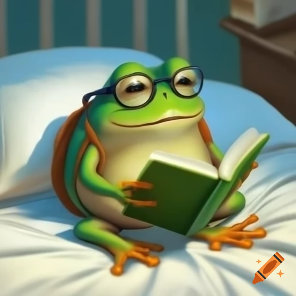 Frog reading a book in bed wearing glasses on Craiyon