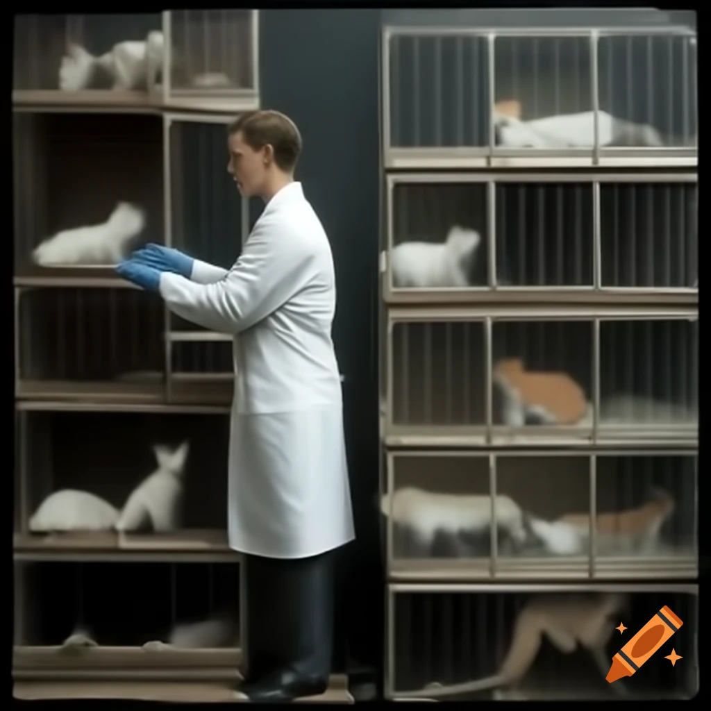 Researchers examining cats in cages on Craiyon