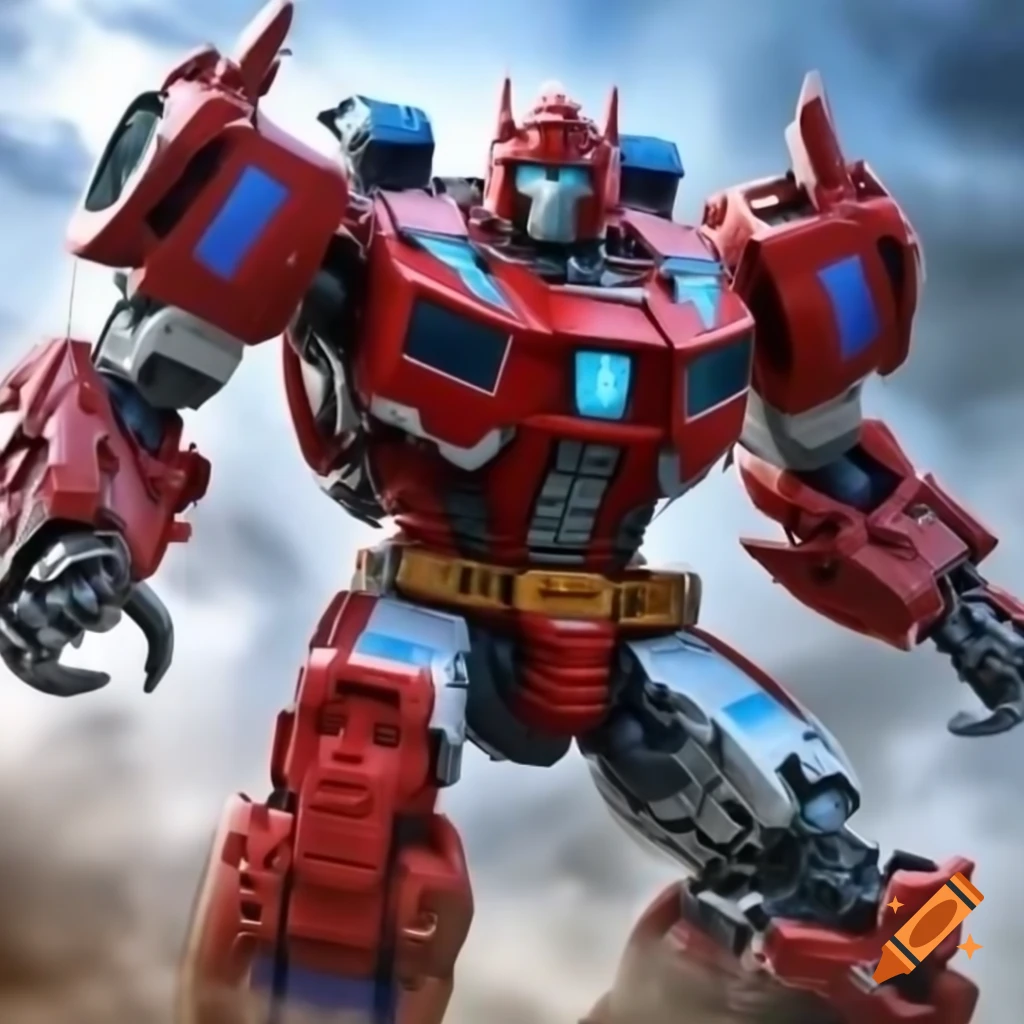 Transformers style robot with red white and blue details amid swirling smoke on Craiyon