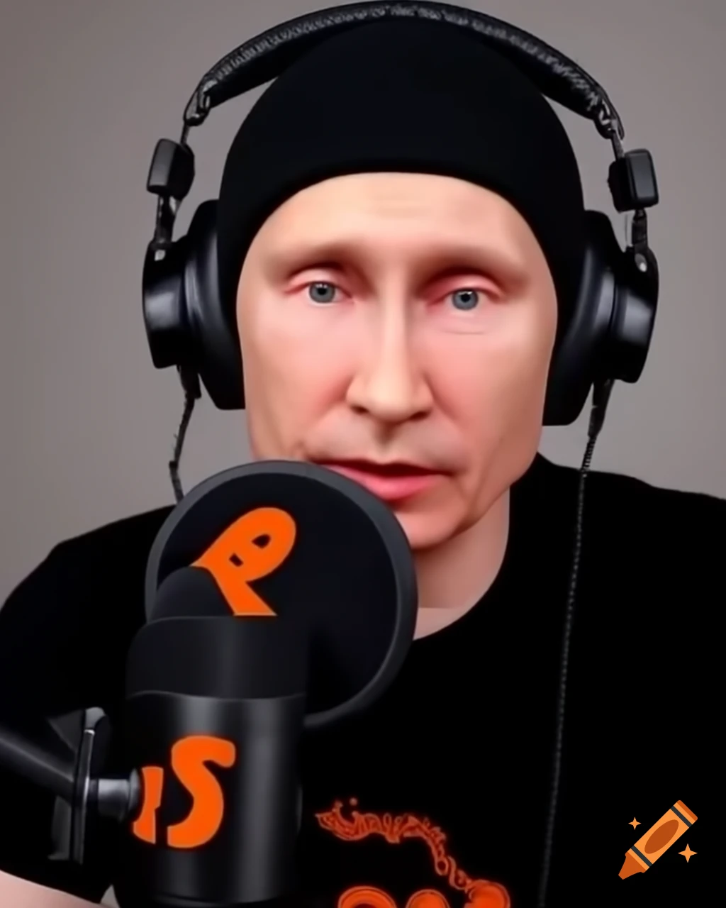 Realistic satire of vladimir putin in video podcast with headphones and ...