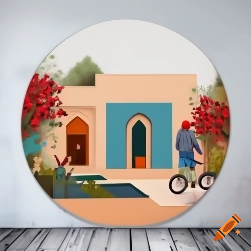 Abstract modern depiction of a persian house with garden and ...