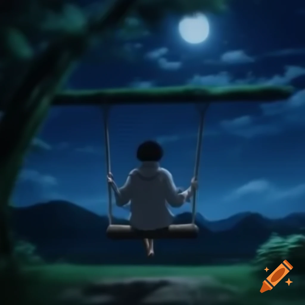 Anime silhouette of man on swing under moonlight at night on Craiyon
