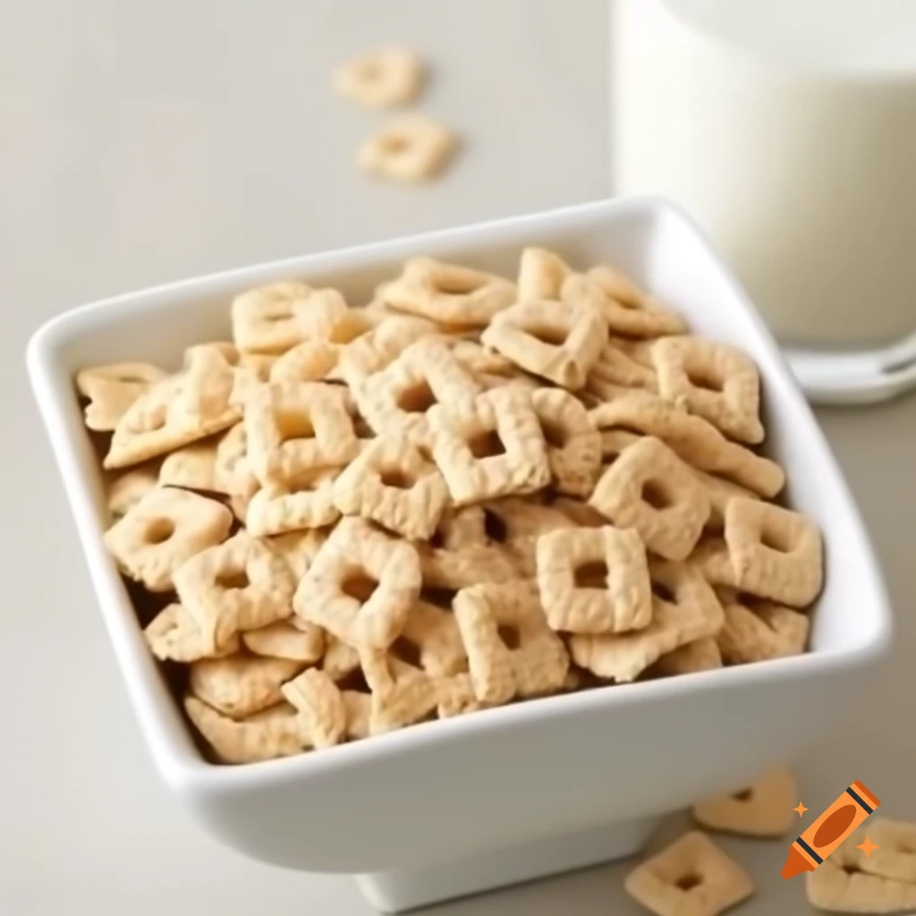 Square shaped cereals in a bowl with milk on Craiyon