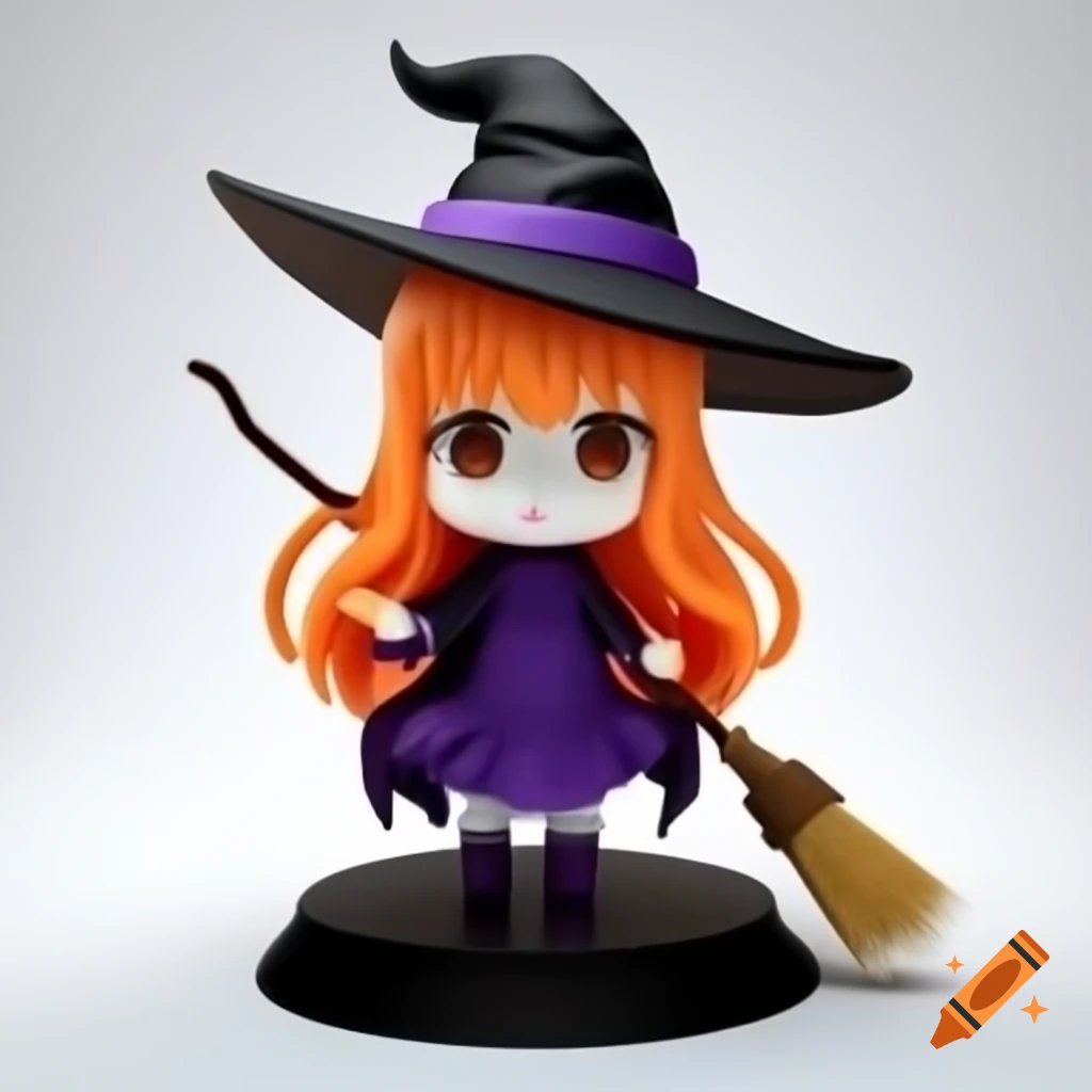 3D resin anime figure of a witch with Shibi-style character and ...