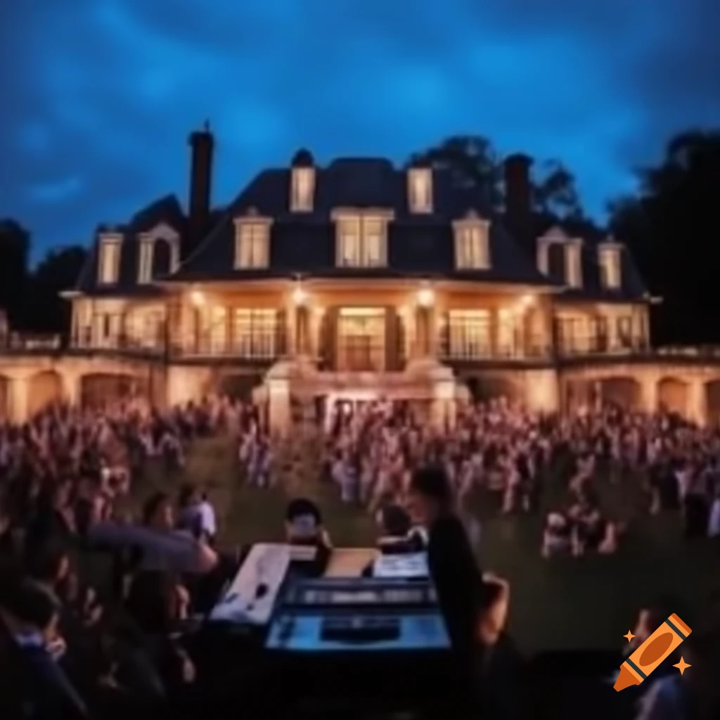 Mansion hosting outdoor party with large crowd and DJ on Craiyon