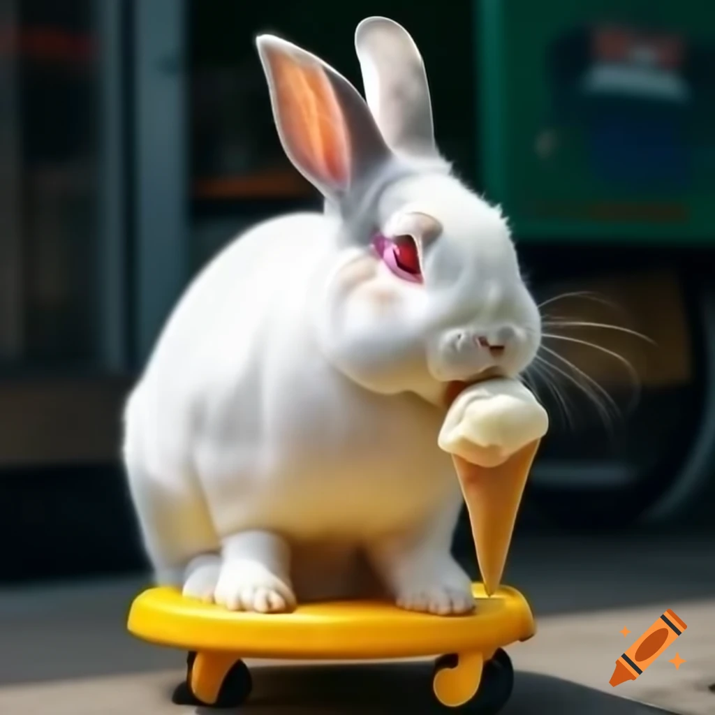 White rabbit on yellow wheels enjoying an ice cream on Craiyon