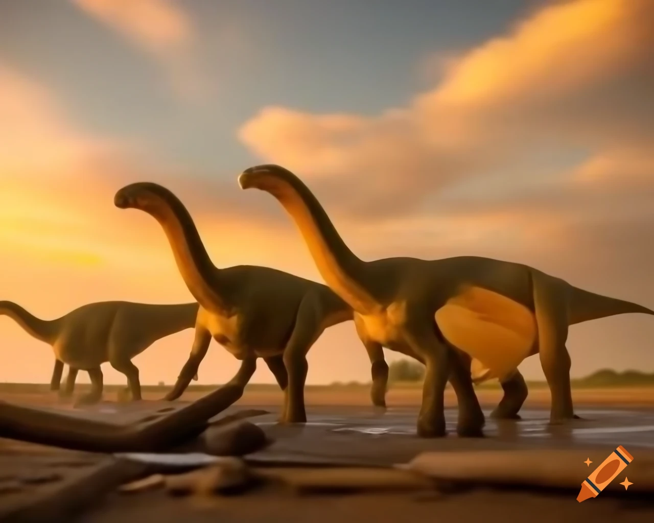 Three cinnamon-colored Hadrosaurus dinosaurs in muddy flat with ...