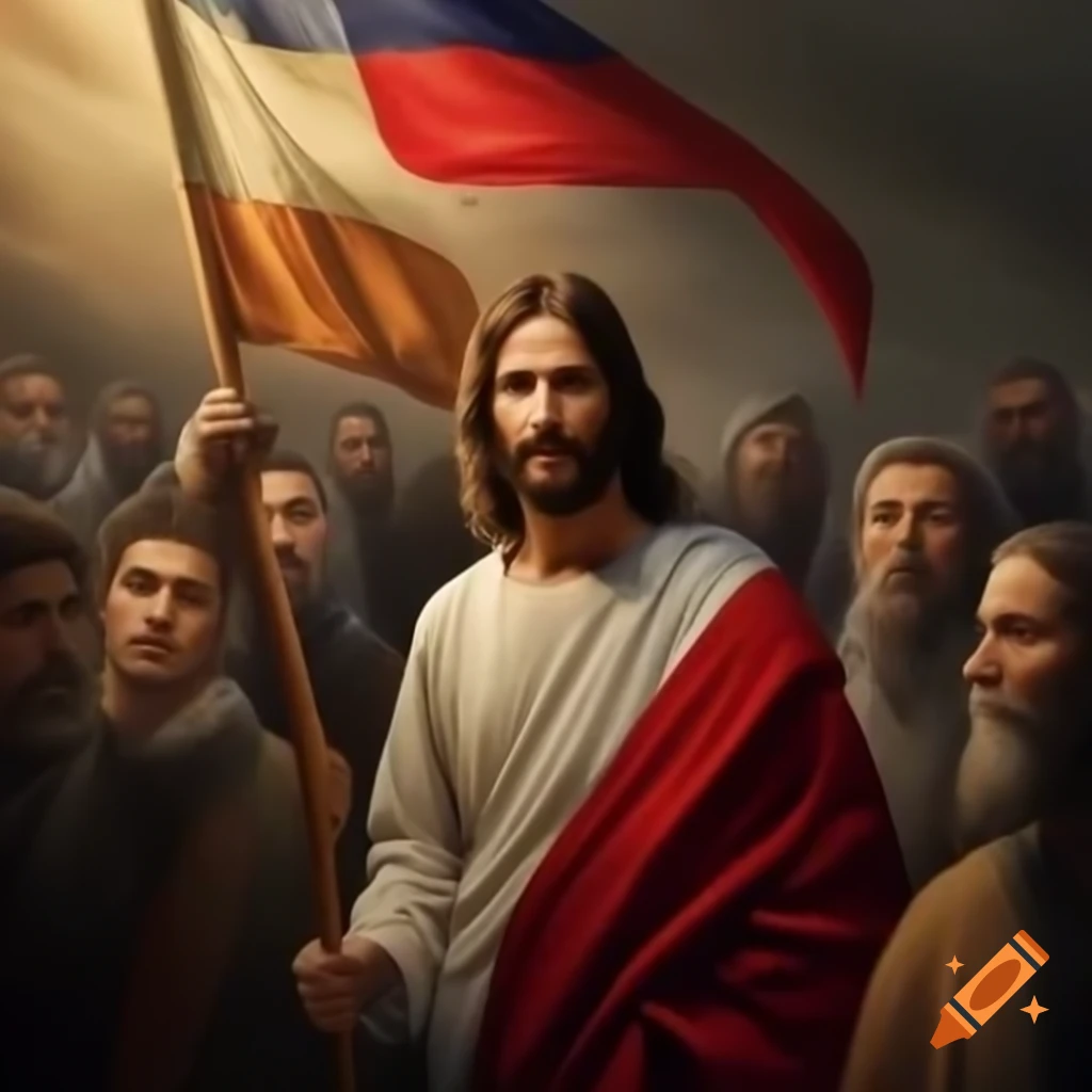 Jesus surrounded by a cheering crowd wearing red and blue baseball caps ...