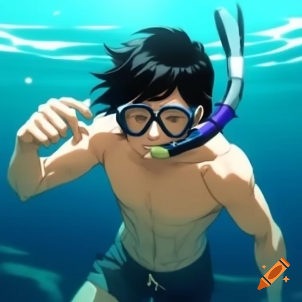 Anime man underwater in snorkeling goggles, showing panic on Craiyon