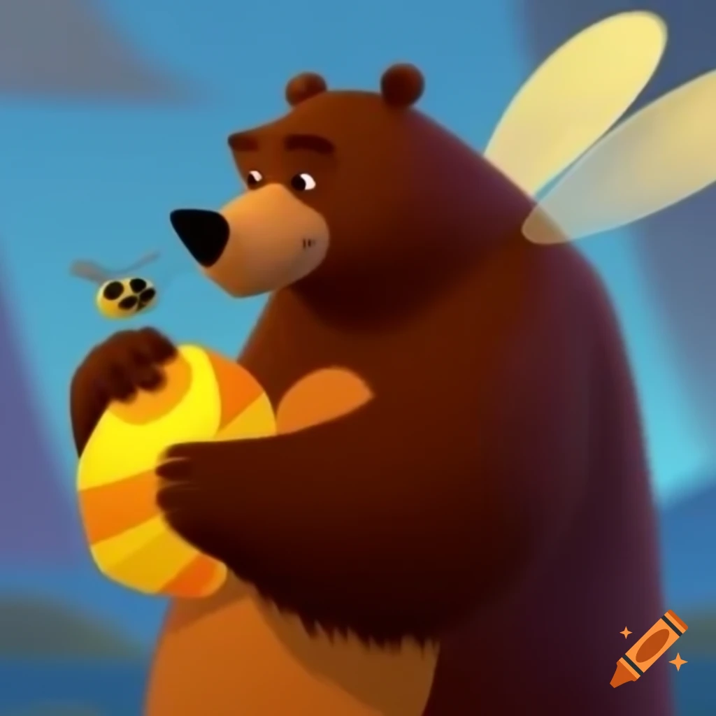 Cartoon bear flicking a bee in a playful scene on Craiyon