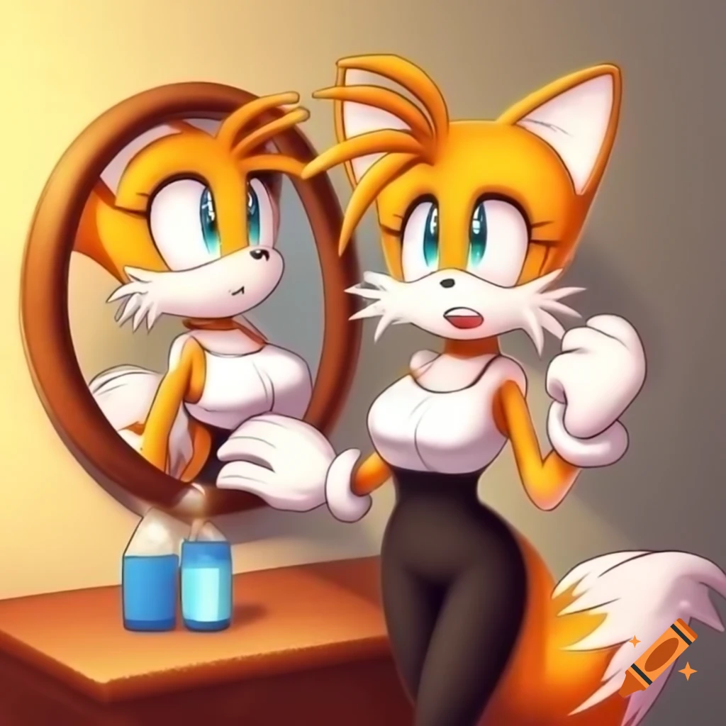 Female tails the fox looking in mirror wearing stylish outfit on Craiyon