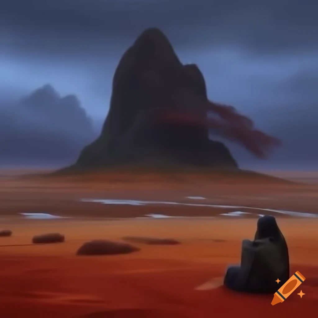 Hermit watching rain fall on desert rocks in miyazaki style on Craiyon