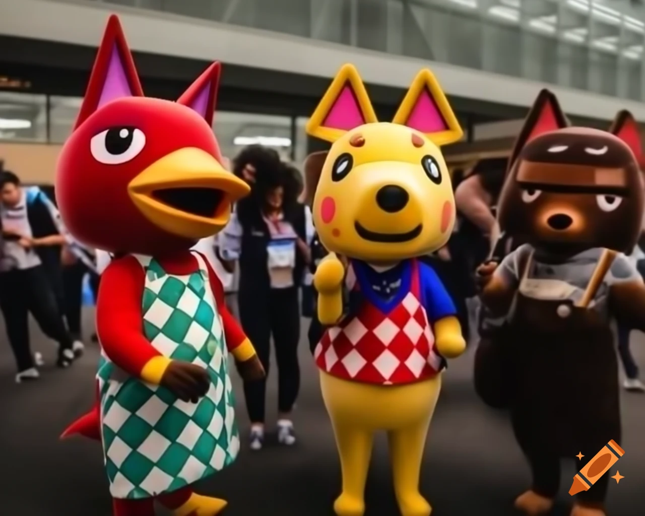 People dressed as Animal Crossing characters at a fair, iPhone ...