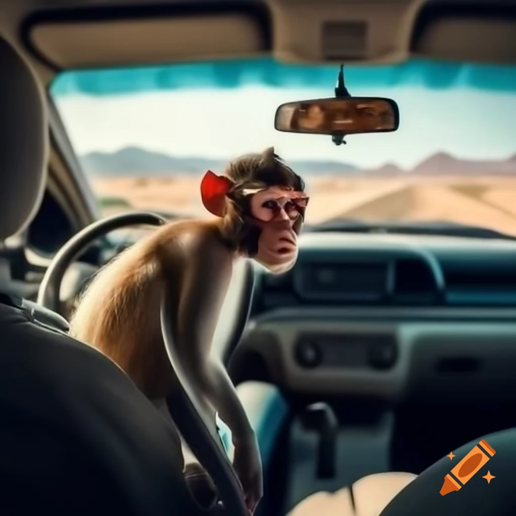 Monkey driving car in desert on Craiyon