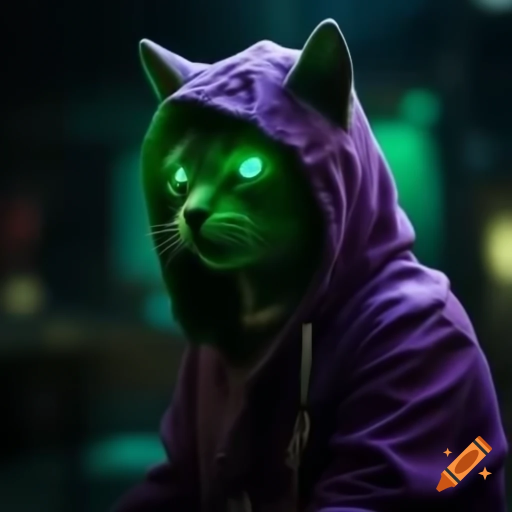 An unreal purple punk, green glowing half-cat half-monster on lsd ...