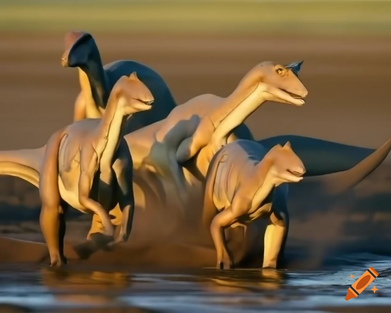 Hadrosaurus dinosaurs by muddy lake bank in british columbia under warm morning light on Craiyon