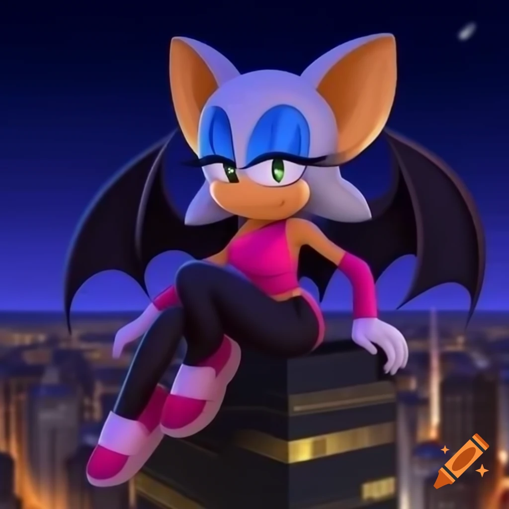 Giant rouge the bat on skyscraper at night in cityscape, sonic the hedgehog style on Craiyon