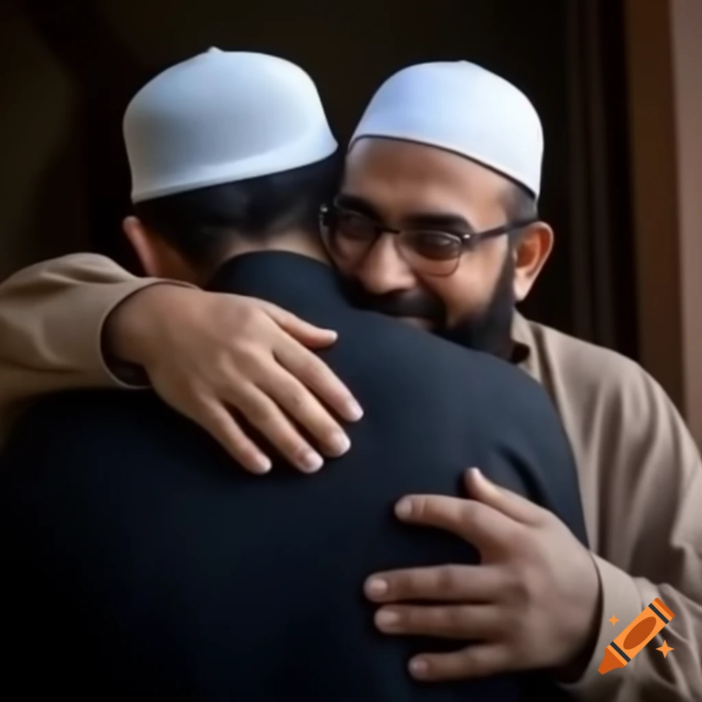 Two muslim men embracing each other on Craiyon