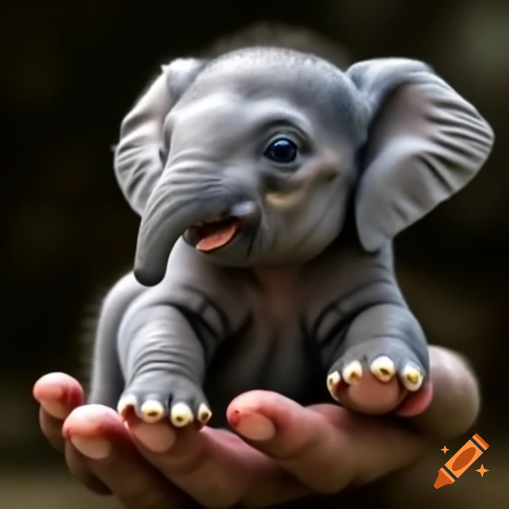 Tiny baby elephant sitting on human thumb with wrinkled gray skin and expressive eyes on Craiyon