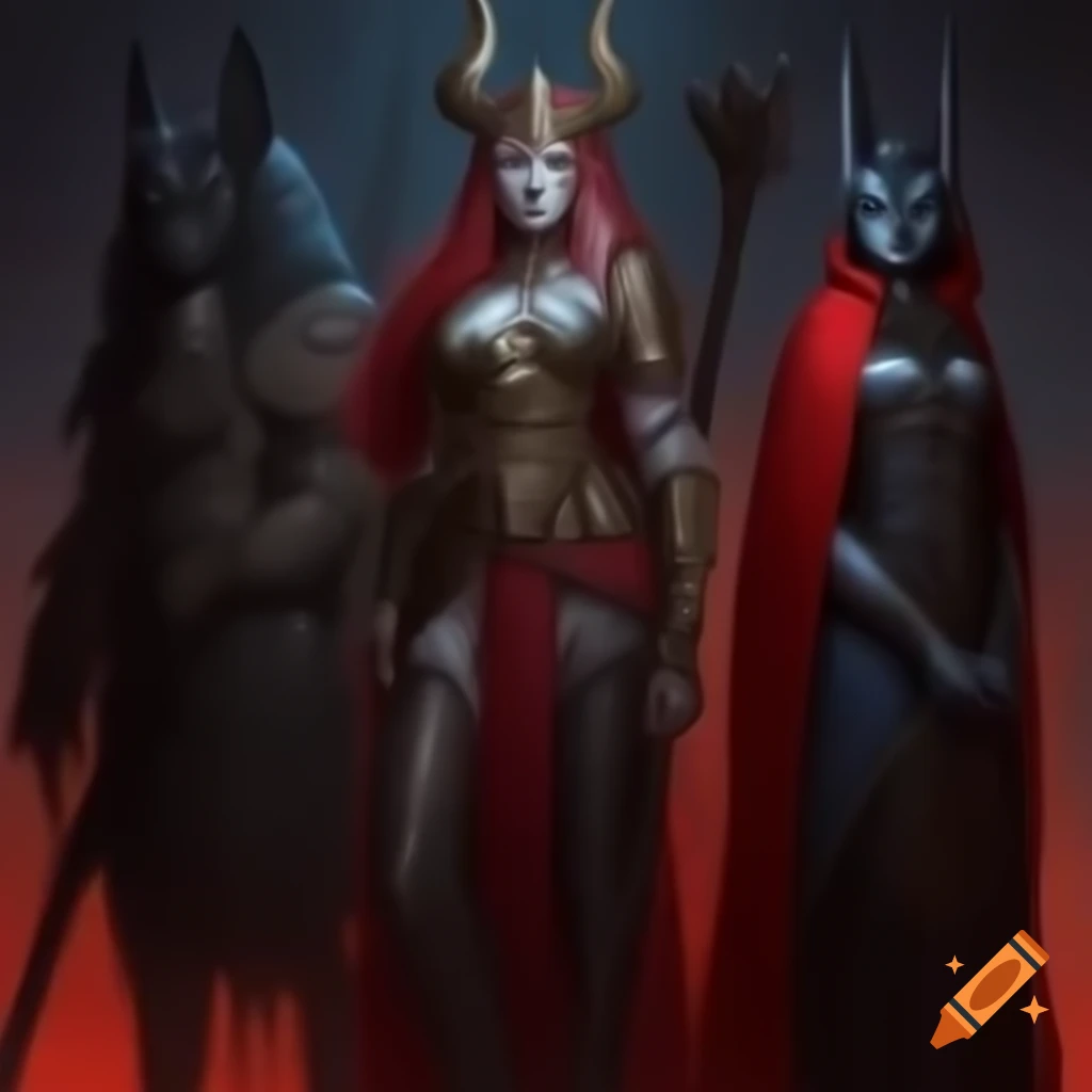 Fantasy scene of Red Queen and Anubis in eerie setting on Craiyon