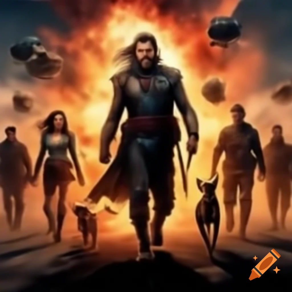 Action movie poster featuring man walking with explosion and character ...