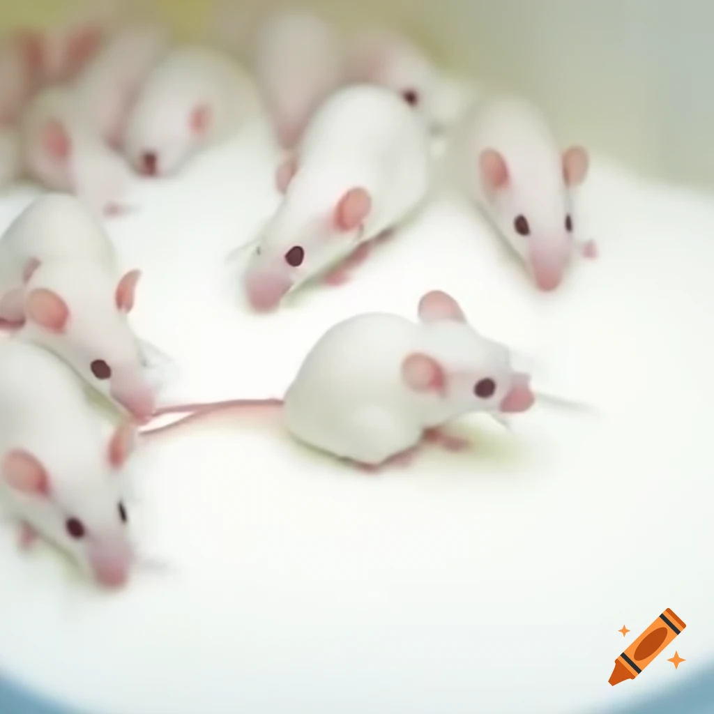Group of white mice swimming in container of milk on Craiyon