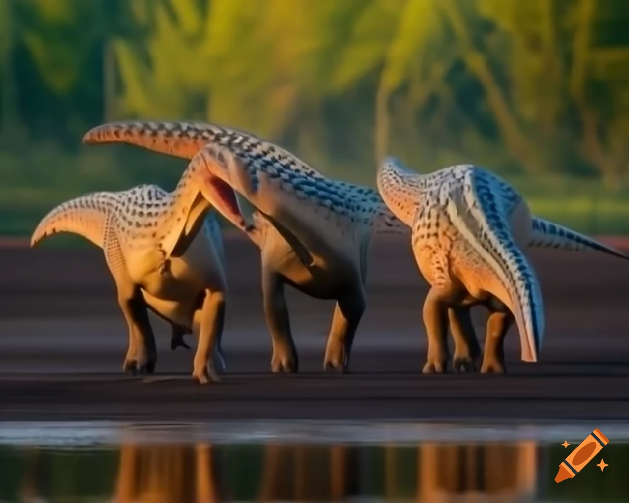 Hadrosaurus dinosaurs on muddy lake bank in british columbia, warm afternoon light on Craiyon