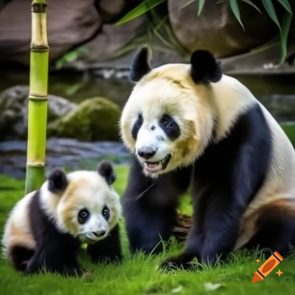 Giant panda mother holding her cub by a bamboo forest pool on Craiyon