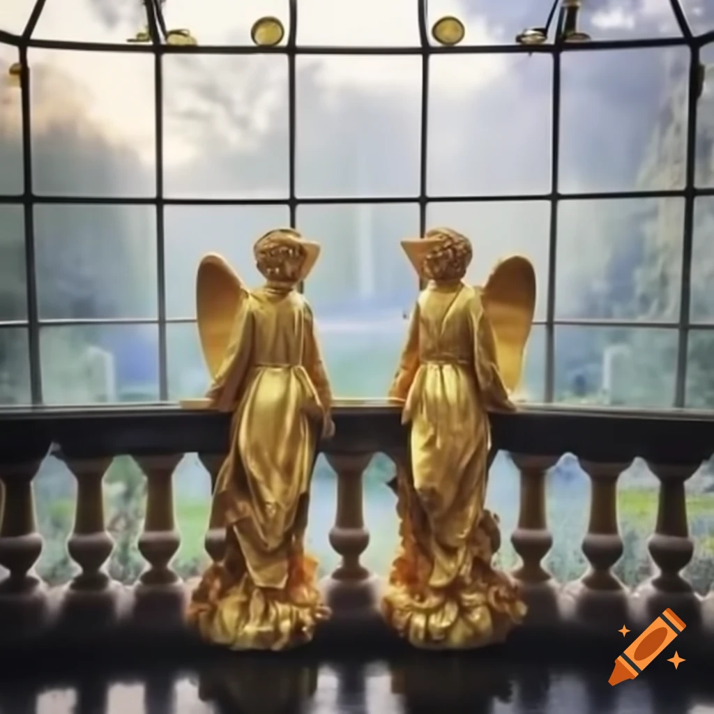 Monet-style Victorian garden with gold angel statues, flowers, and pond ...