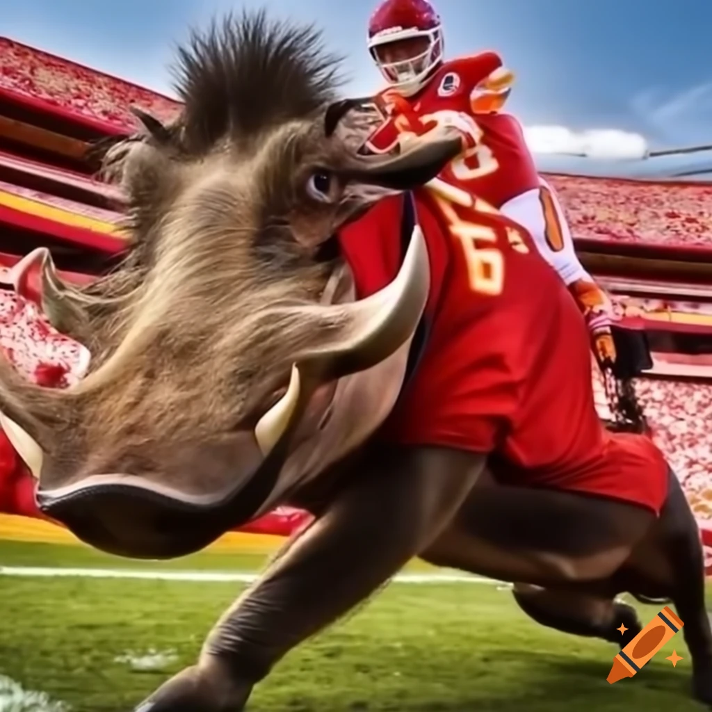 Patrick Mahomes riding a warthog in red football jersey on Craiyon