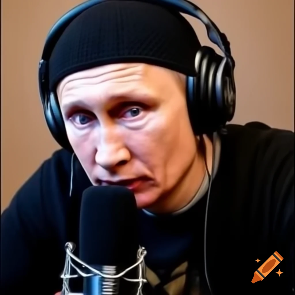 Vladimir Putin in black knit cap and headphones hosting a podcast on ...