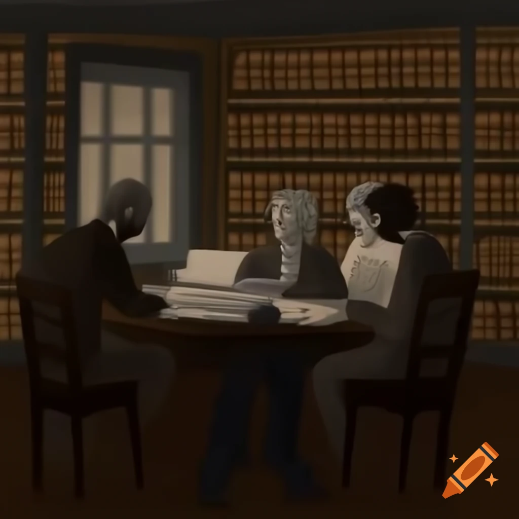 People writing around desk in library with swirling papers, ink drawing ...