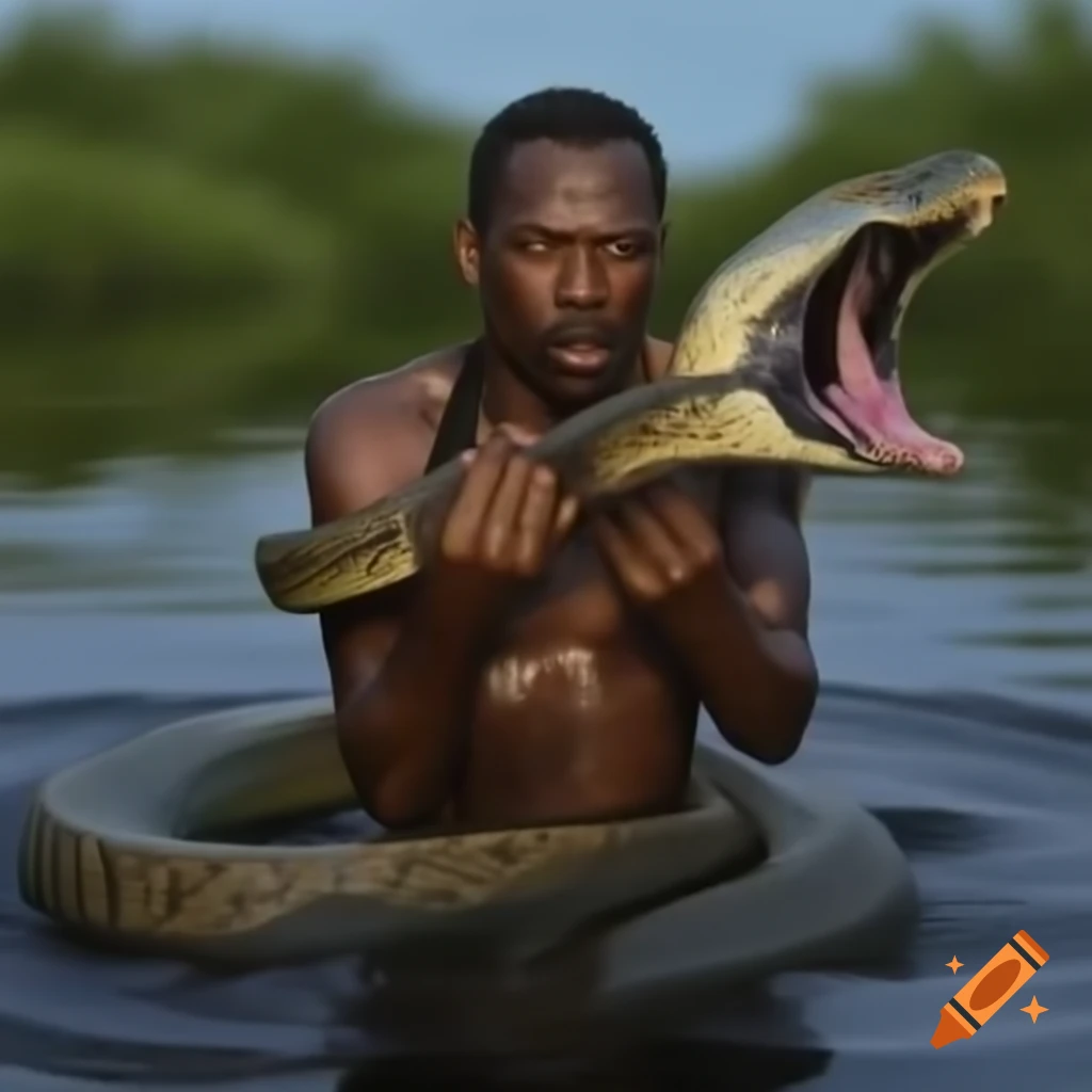 Man in water wrestling with a snake on Craiyon