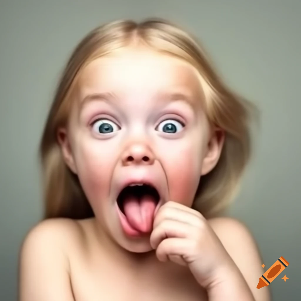 Playful girl with blonde hair and pale skin making a funny face on Craiyon