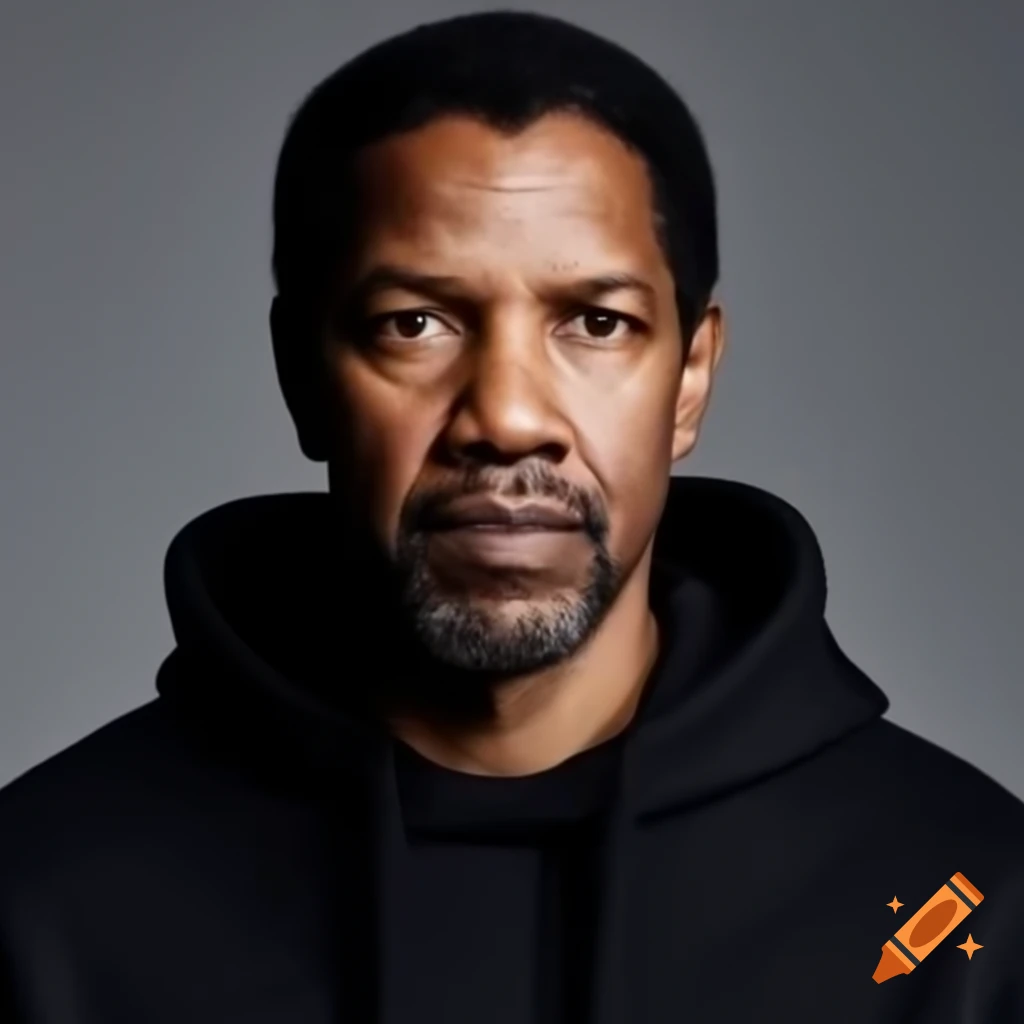 Denzel Washington in black hoodie against grey background on Craiyon