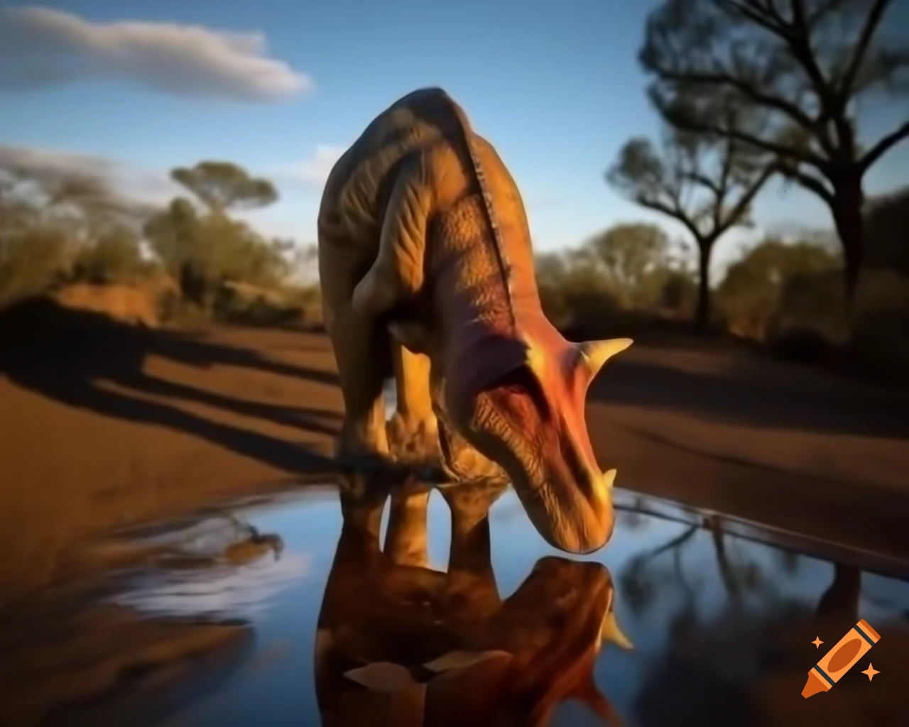 Hadrosaurus drinking in puddle under tree in sunny clearing on Craiyon
