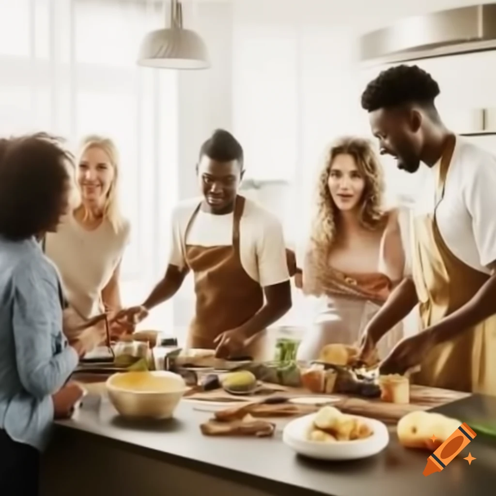Diverse group attending healthy cooking class in modern kitchen on Craiyon