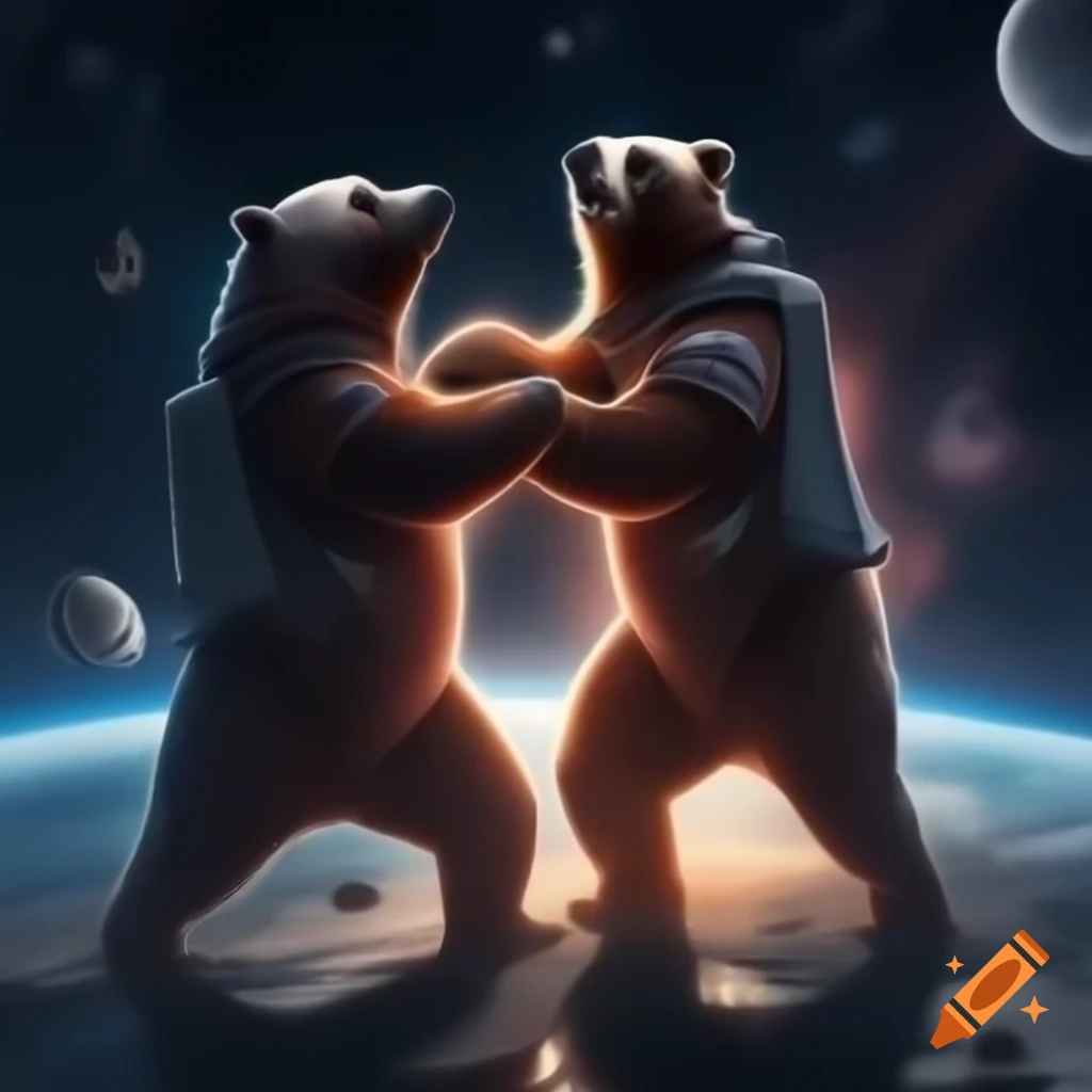 Bears engaging in a playful fight in outer space on Craiyon
