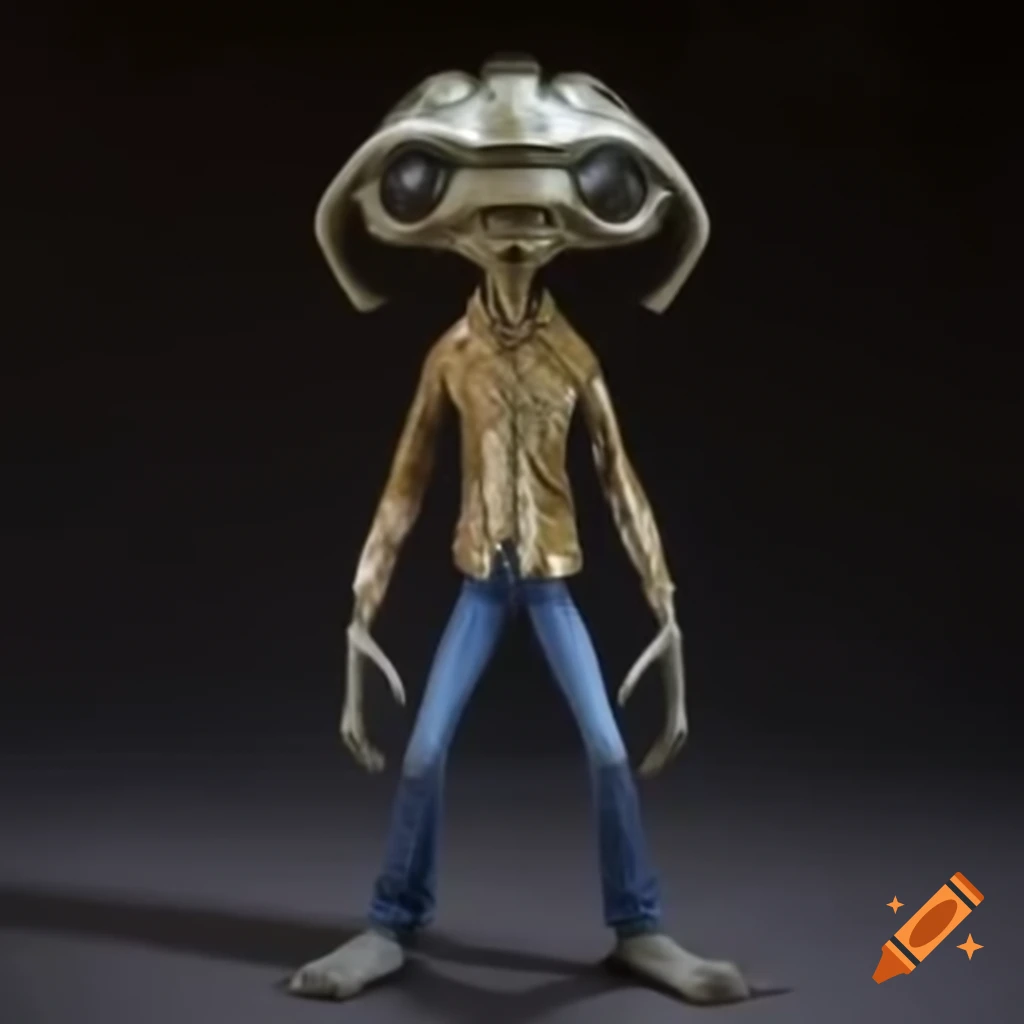 Extraterrestrial movie actor with squared face glancing at camera on ...