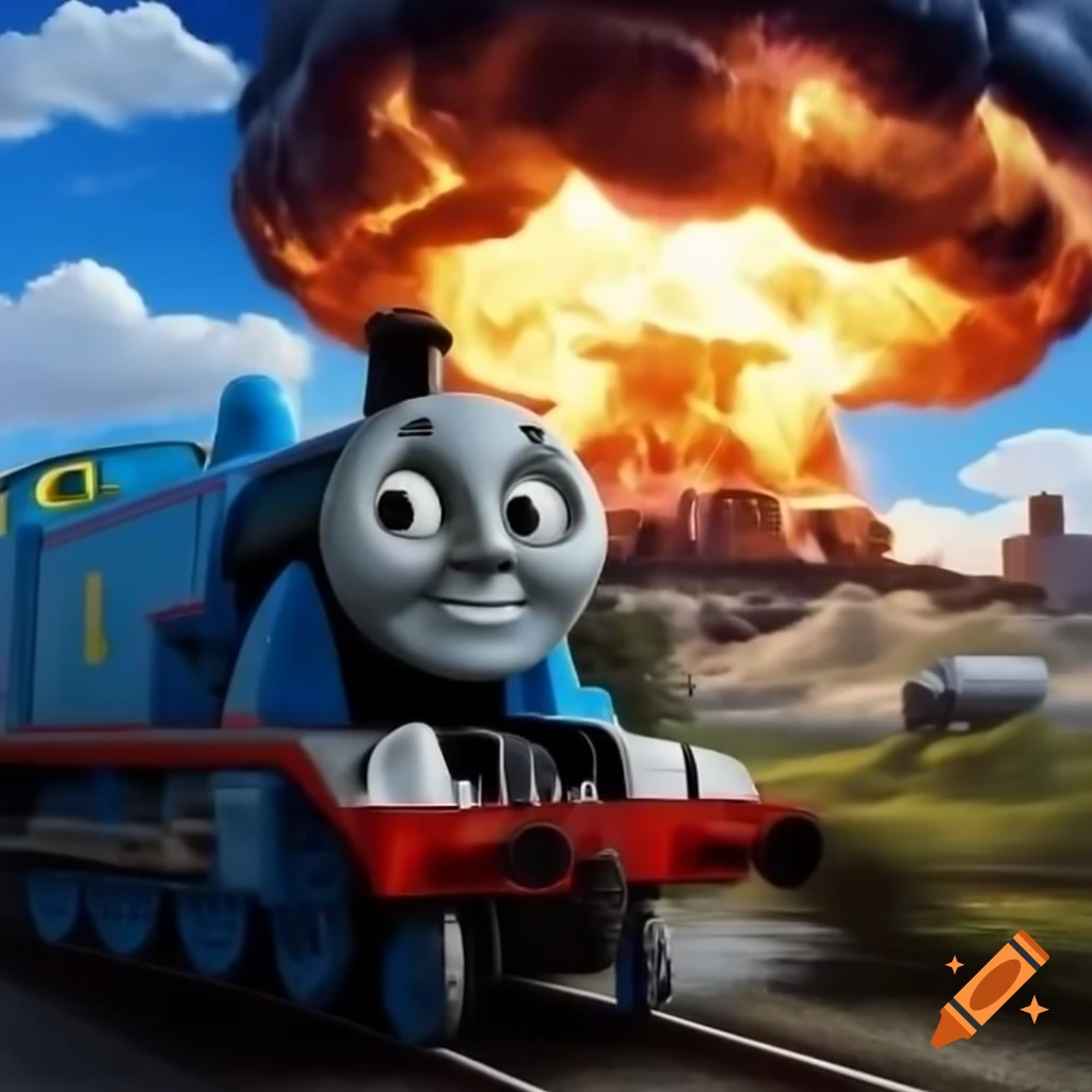 Thomas the Tank Engine pulling passengers through a hail storm on Craiyon