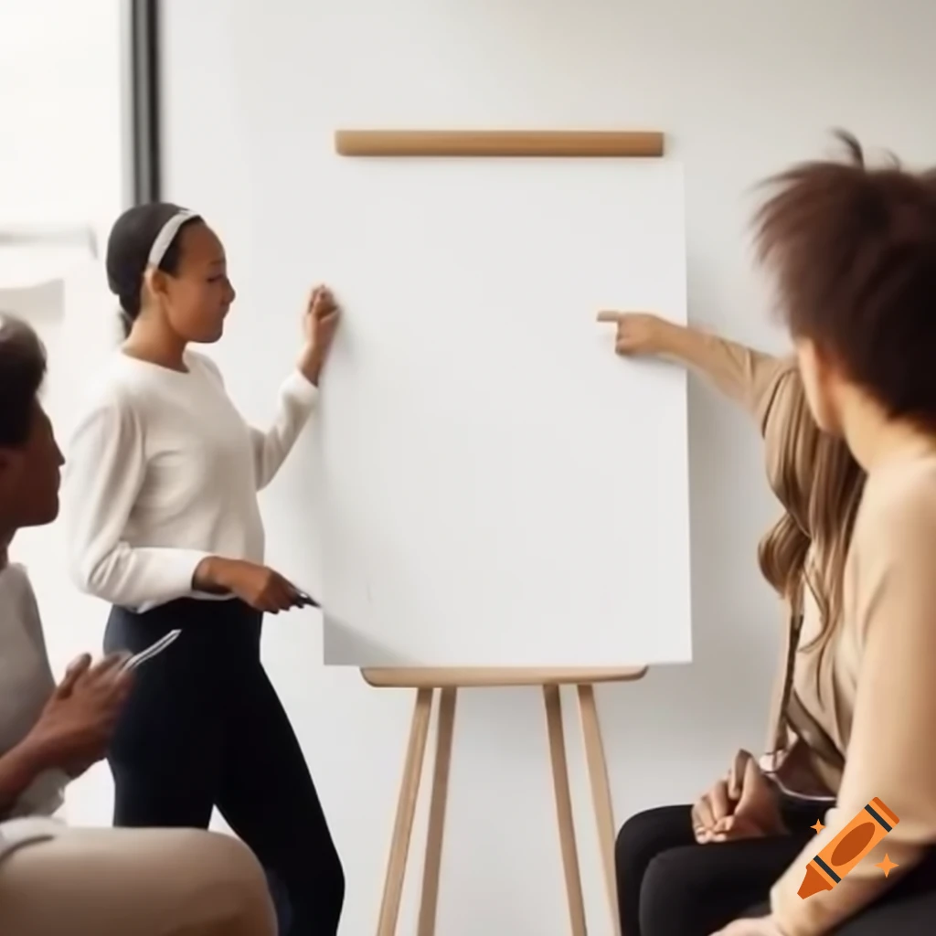 Team collaboration around whiteboard checking priorities on Craiyon