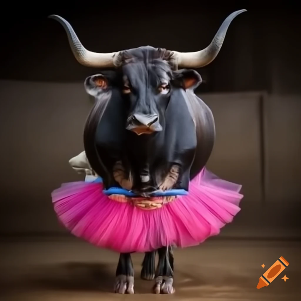 Bull wearing a tutu, humorous and whimsical scene on Craiyon