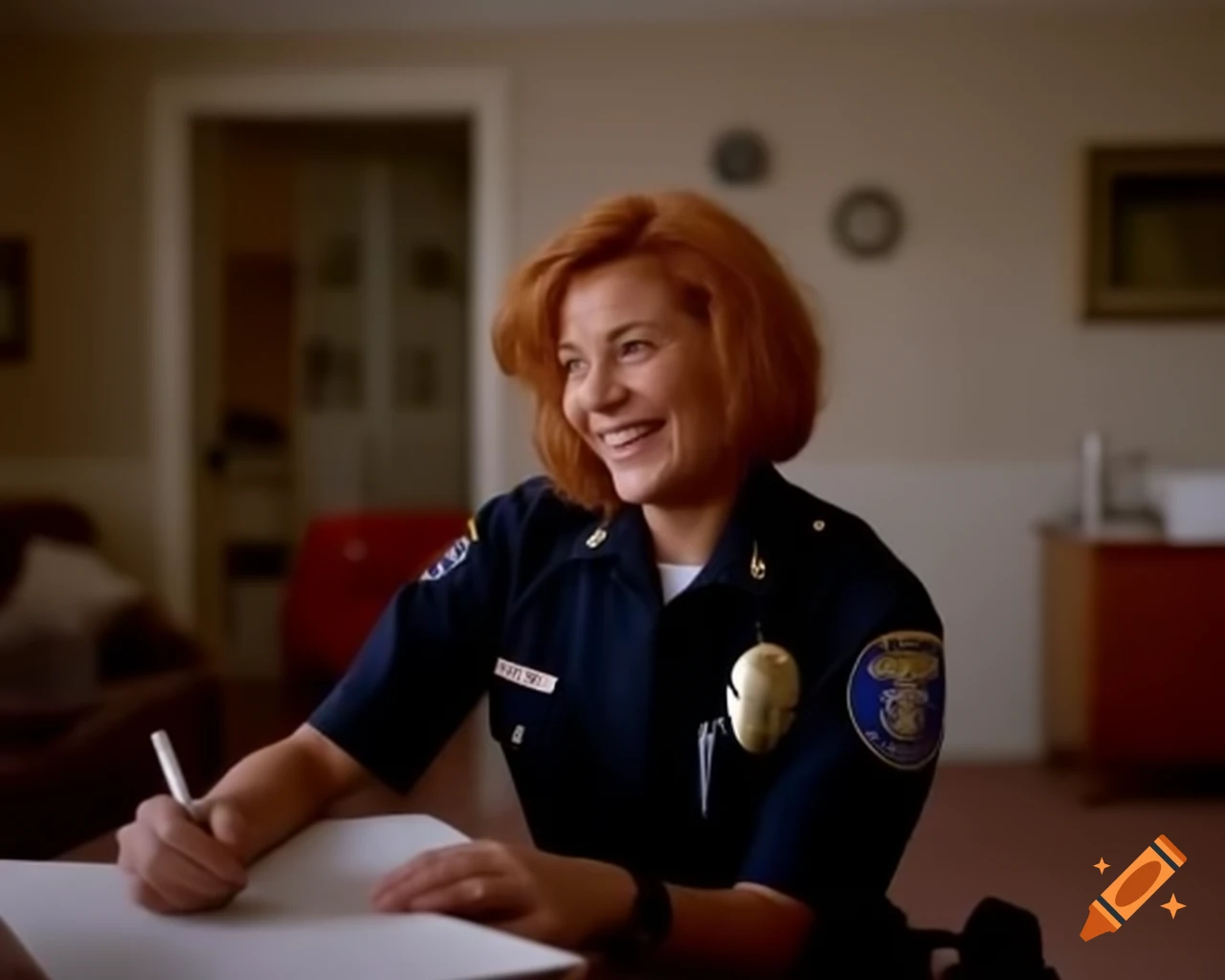 French female police officer taking notes at crime scene in dusty ...