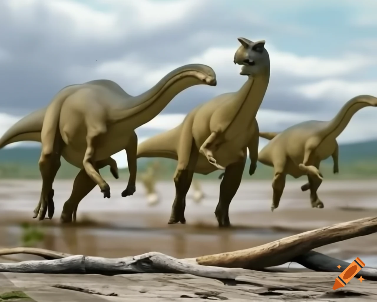 Hadrosaurus herd crossing muddy flat with ferns and driftwood in ...